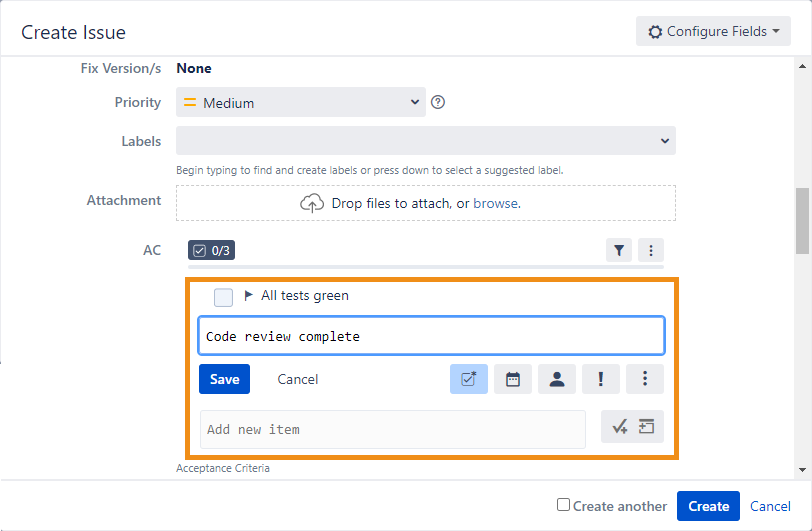 Adding default local items to the Create Issue window