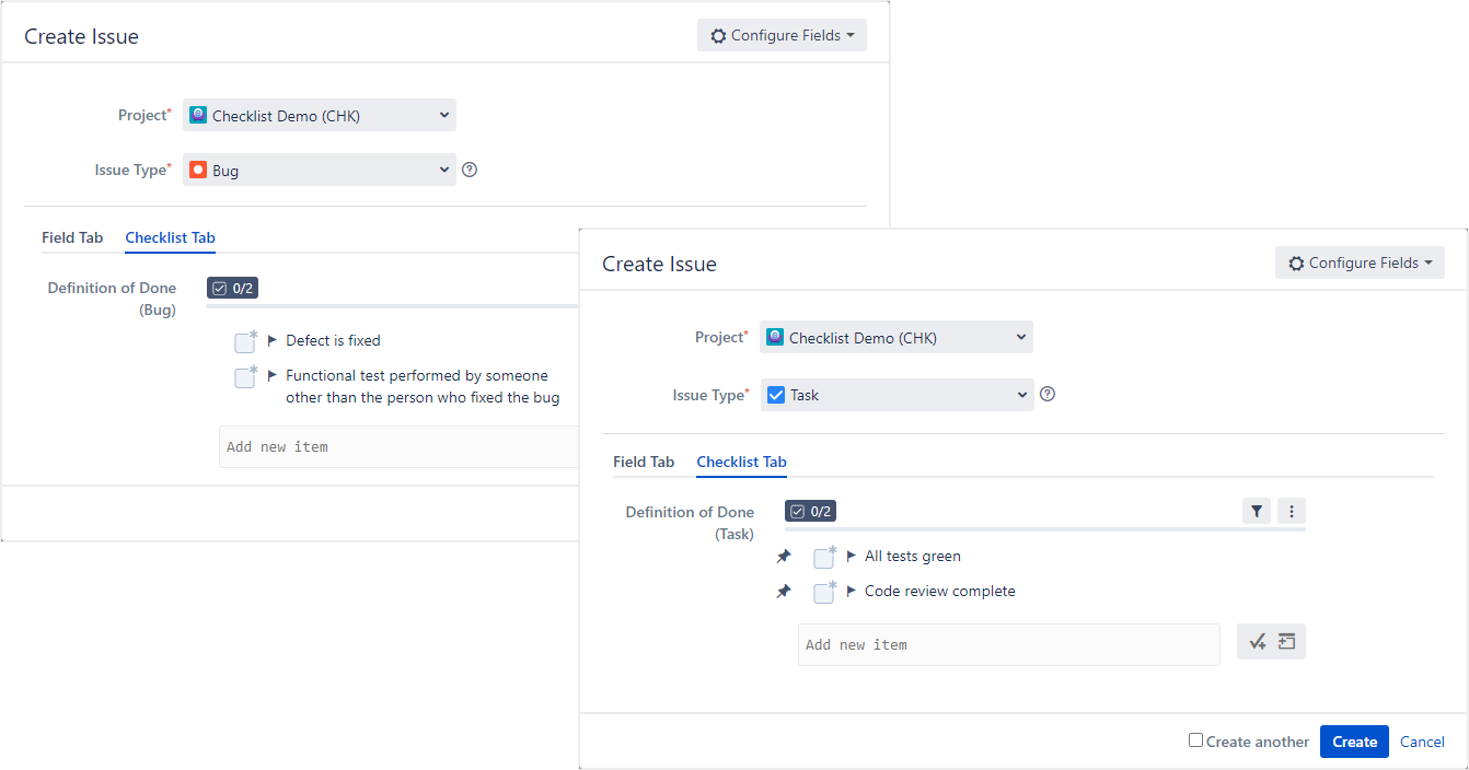 Creating different default local items for different issue types ...
