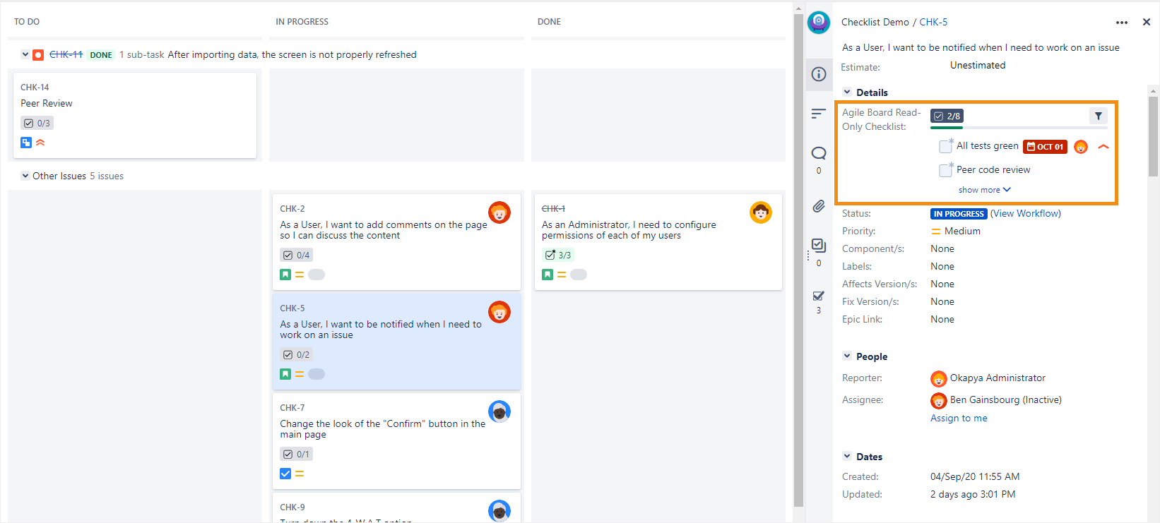 Displaying read-only checklists in the Issue Detail View