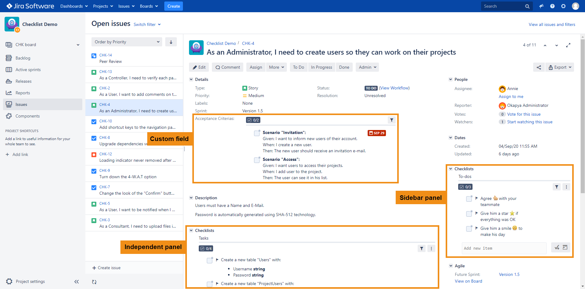 Displaying a checklist in the sidebar