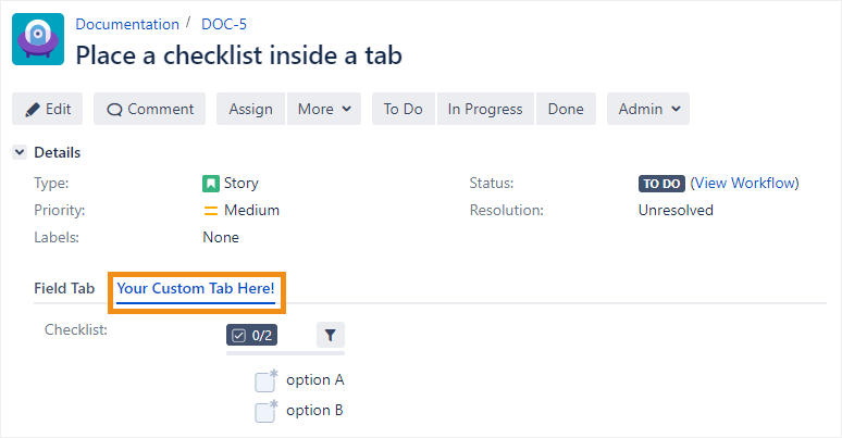 Placing checklists inside issue tabs