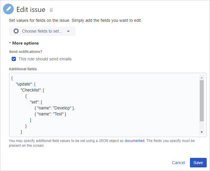 Add or update items in a Checklist with the Edit issue action